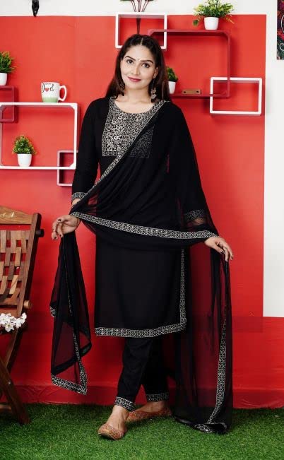 COTTON HTHRANG Indian Women's Tunic Tops Straight Rayon Black Kurtis Pant Sets W Chiffon Dupatta/A-Line Kurti Tunics