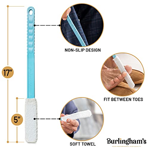 Burlingham's Toe and Foot Towel Brush with Reusable Drying Covers for Cleaning Between Toes, Soft Skin Exfoliation, Long 17” Handle for Seniors, Adults, or Kids, Washable Cloth