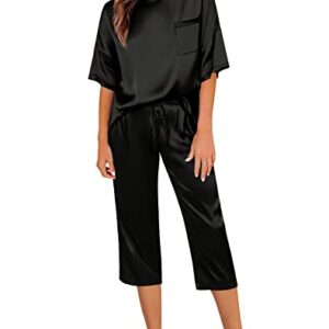 SWOMOG Womens 2 Piece Satin Pajamas Silk Short Sleeve Pjs Sets Capri Bottom Pajama Pants Soft Outfits with Pockets Black