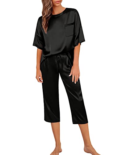 SWOMOG Womens 2 Piece Satin Pajamas Silk Short Sleeve Pjs Sets Capri Bottom Pajama Pants Soft Outfits with Pockets Black