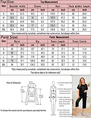 SWOMOG Womens 2 Piece Satin Pajamas Silk Short Sleeve Pjs Sets Capri Bottom Pajama Pants Soft Outfits with Pockets Black