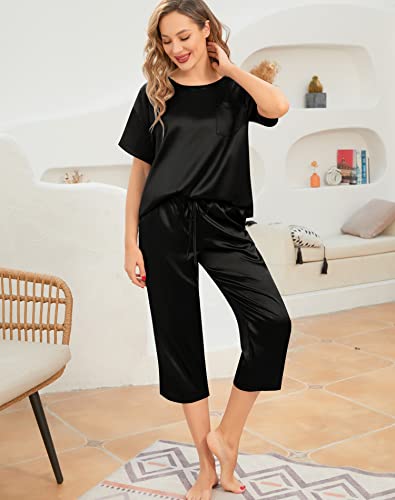 SWOMOG Womens 2 Piece Satin Pajamas Silk Short Sleeve Pjs Sets Capri Bottom Pajama Pants Soft Outfits with Pockets Black