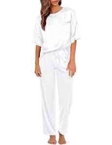 swomog pajamas satin pajamas short sleeve silk pjs loungewear long pajama pant set ladies pajamas for women two piece pajama set m white