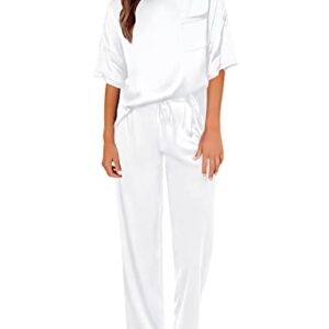 SWOMOG Pajamas Satin Pajamas Short Sleeve Silk Pjs Loungewear Long Pajama Pant Set Ladies Pajamas for Women Two Piece Pajama Set M White