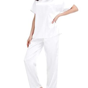 SWOMOG Pajamas Satin Pajamas Short Sleeve Silk Pjs Loungewear Long Pajama Pant Set Ladies Pajamas for Women Two Piece Pajama Set M White