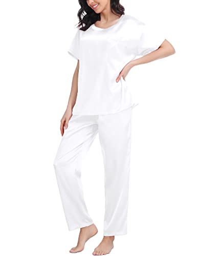 SWOMOG Pajamas Satin Pajamas Short Sleeve Silk Pjs Loungewear Long Pajama Pant Set Ladies Pajamas for Women Two Piece Pajama Set M White