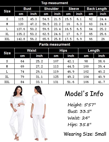 SWOMOG Pajamas Satin Pajamas Short Sleeve Silk Pjs Loungewear Long Pajama Pant Set Ladies Pajamas for Women Two Piece Pajama Set M White