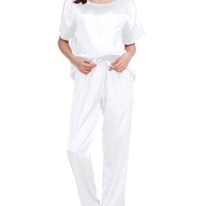 SWOMOG Pajamas Satin Pajamas Short Sleeve Silk Pjs Loungewear Long Pajama Pant Set Ladies Pajamas for Women Two Piece Pajama Set M White