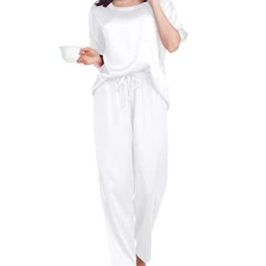 SWOMOG Pajamas Satin Pajamas Short Sleeve Silk Pjs Loungewear Long Pajama Pant Set Ladies Pajamas for Women Two Piece Pajama Set M White