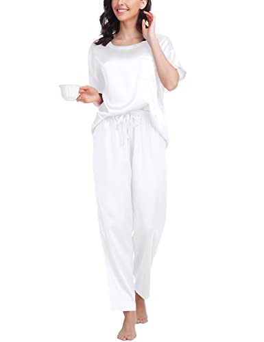 SWOMOG Pajamas Satin Pajamas Short Sleeve Silk Pjs Loungewear Long Pajama Pant Set Ladies Pajamas for Women Two Piece Pajama Set M White