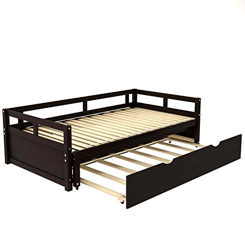 RUNWON Extendable Daybed with Trundle,Wooden Platform Sofa Bedframe Space Saving Twin to King Size Extend Bed Furniture for Bedroom Living Room