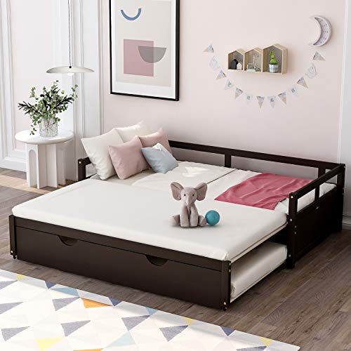 RUNWON Extendable Daybed with Trundle,Wooden Platform Sofa Bedframe Space Saving Twin to King Size Extend Bed Furniture for Bedroom Living Room