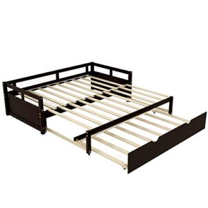 RUNWON Extendable Daybed with Trundle,Wooden Platform Sofa Bedframe Space Saving Twin to King Size Extend Bed Furniture for Bedroom Living Room