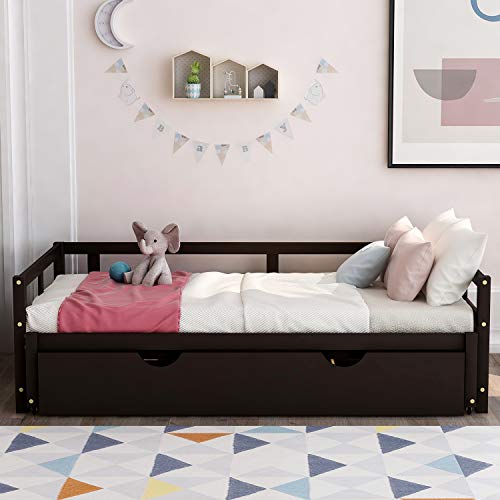 RUNWON Extendable Daybed with Trundle,Wooden Platform Sofa Bedframe Space Saving Twin to King Size Extend Bed Furniture for Bedroom Living Room