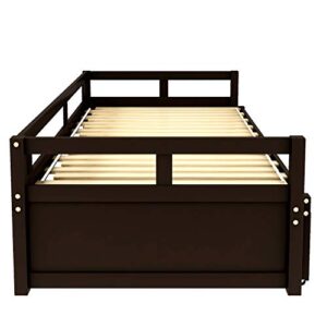 RUNWON Extendable Daybed with Trundle,Wooden Platform Sofa Bedframe Space Saving Twin to King Size Extend Bed Furniture for Bedroom Living Room