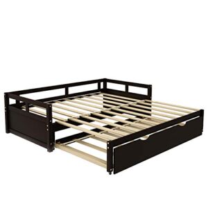 RUNWON Extendable Daybed with Trundle,Wooden Platform Sofa Bedframe Space Saving Twin to King Size Extend Bed Furniture for Bedroom Living Room