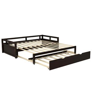 RUNWON Extendable Daybed with Trundle,Wooden Platform Sofa Bedframe Space Saving Twin to King Size Extend Bed Furniture for Bedroom Living Room