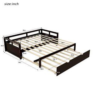 RUNWON Extendable Daybed with Trundle,Wooden Platform Sofa Bedframe Space Saving Twin to King Size Extend Bed Furniture for Bedroom Living Room