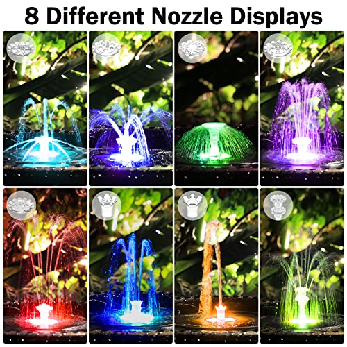 AISITIN 5.5W LED Solar Fountain Pump with Colorful Lights & 3000mAh Battery, 2023 Upgrade Solar Bird Bath Fountain Pump with Multiple Nozzle