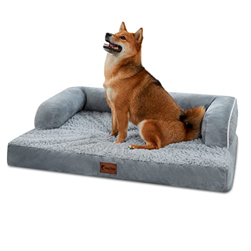 Casa Paw Orthopedic Dog Beds for Large Dogs, Waterproof Dog Beds Large, Memory Foam Dog Couch Bed, Comfy Bolster Pet Bed with Removable Washable Cover, Nonskid Bottom (Large, Grey)