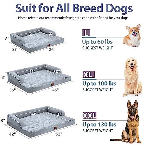 Casa Paw Orthopedic Dog Beds for Large Dogs, Waterproof Dog Beds Large, Memory Foam Dog Couch Bed, Comfy Bolster Pet Bed with Removable Washable Cover, Nonskid Bottom (Large, Grey)