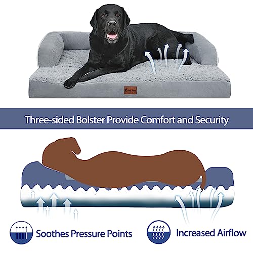 Casa Paw Orthopedic Dog Beds for Large Dogs, Waterproof Dog Beds Large, Memory Foam Dog Couch Bed, Comfy Bolster Pet Bed with Removable Washable Cover, Nonskid Bottom (Large, Grey)