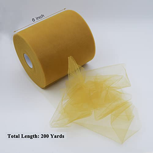 Tulle Fabric Rolls 6 Inch by 200 Yards (600 feet), Tulle Ribbon Spool for Gift Wrapping Birthday Party Wedding Decorations DIY Tutu Skirt Bow Crafts (Earth Yellow)