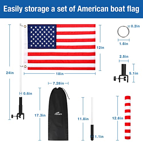 Affordura Boat American Flag with Pole 12x18 Boat Flag Pole Mount for 0.5-1.33 Inch Round and Pontoon Square Rails with 2 American Boat Flag Clips