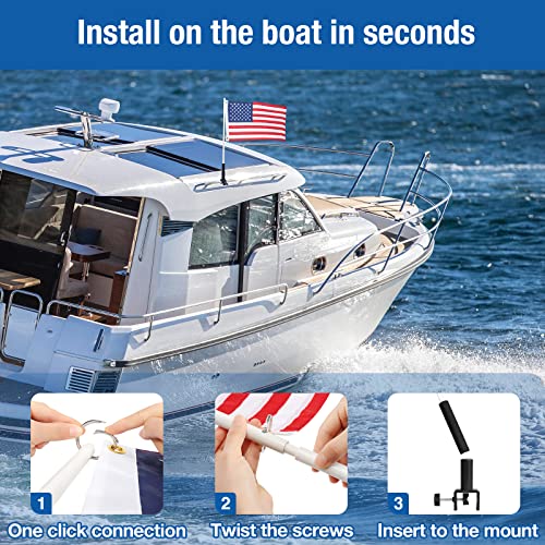 Affordura Boat American Flag with Pole 12x18 Boat Flag Pole Mount for 0.5-1.33 Inch Round and Pontoon Square Rails with 2 American Boat Flag Clips