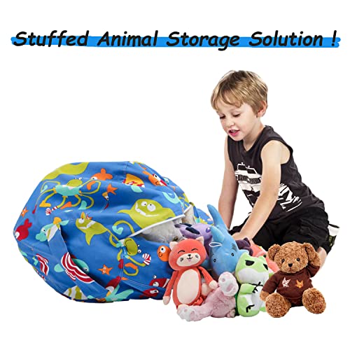 Stuffed Animal Storage Bean Bag Chair Cover for Kids Girls Toddler, Extra Large Toy Storage Organizer Beanbag Chair Without Filling for Boys Children Room, Sea 32"