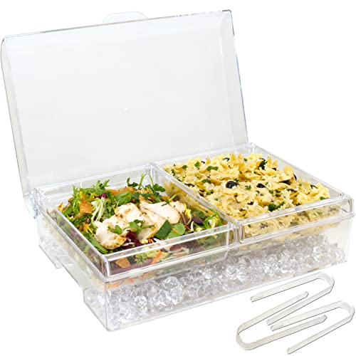 ImpiriLux Ice Chilled Two Section Party Platter- 2 Large Removable Serving Trays and Hinged Lid | Ideal for Pasta Salds, Appetizers, Seafood, Fruits, Meats, Desserts and More | 3 Tongs Included