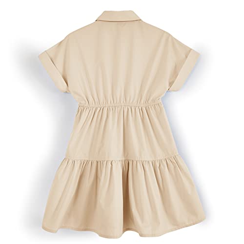 Auburet Easter Dresses for Girls Button Up Tiered Ruffle V Neck Collar Pleated Waist Cute Midi Dresses 5-18 Years Kids Beige