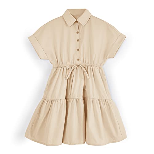 Auburet Easter Dresses for Girls Button Up Tiered Ruffle V Neck Collar Pleated Waist Cute Midi Dresses 5-18 Years Kids Beige