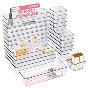 house day makeup drawer organizer trays 24 pcs, 4-size clear drawer organizers with silicone pads, vanity organizers and storage, non slip plastic drawer organizer for desk, bathroom, kitchen, office