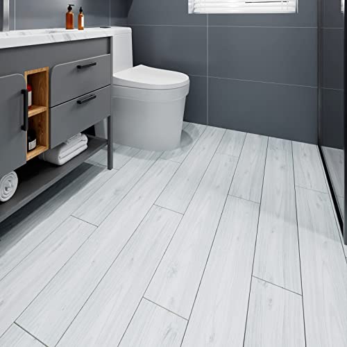 LaCheery 36"x6" 18 Tiles Bathroom Floor Tiles Peel and Stick Waterproof Sticky Floor Tile Grey White Oak Wood Plank Vinyl Flooring Tiles Peel and Stick for Bathroom Self Adhesive Vinyl Floor Tiles