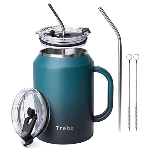 Trebo 50 oz Mug Tumbler with Handle, Stainless Steel Coffee Cup with 2 Lids and 2 Straws,Double Wall Vacuum Insulated Large Bottle,Reusable Flask Keeps Cold for 36 Hrs/Hot for 24 Hrs,Blue Indigo/Black