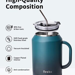 Trebo 50 oz Mug Tumbler with Handle, Stainless Steel Coffee Cup with 2 Lids and 2 Straws,Double Wall Vacuum Insulated Large Bottle,Reusable Flask Keeps Cold for 36 Hrs/Hot for 24 Hrs,Blue Indigo/Black