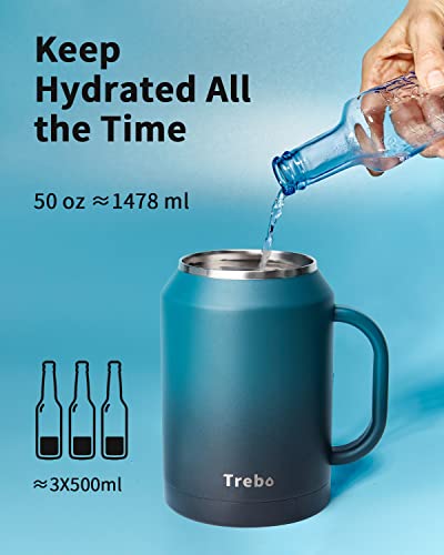 Trebo 50 oz Mug Tumbler with Handle, Stainless Steel Coffee Cup with 2 Lids and 2 Straws,Double Wall Vacuum Insulated Large Bottle,Reusable Flask Keeps Cold for 36 Hrs/Hot for 24 Hrs,Blue Indigo/Black