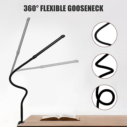 Phimuezl LED Desk Lamp with Clamp, Clamp Light with 30 Adjustable Color Modes,Clip on Light with Long Flexible Gooseneck, Eye-Care Lamp Clamp for Study, Work, Home, Office, (Black, 12W)