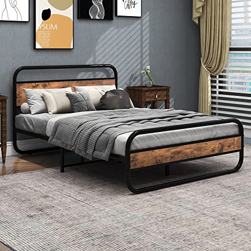 Albearing Metal Full Size Bed Frame with Wooden Headboard and Footboard, Heavy Duty Oval-Shaped Platform Bed with Under-Bed Storage, Steel Slats Mattress Foundation Round Pipe Design，Brown