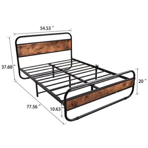 Albearing Metal Full Size Bed Frame with Wooden Headboard and Footboard, Heavy Duty Oval-Shaped Platform Bed with Under-Bed Storage, Steel Slats Mattress Foundation Round Pipe Design，Brown