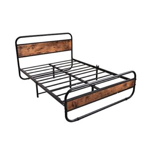 Albearing Metal Full Size Bed Frame with Wooden Headboard and Footboard, Heavy Duty Oval-Shaped Platform Bed with Under-Bed Storage, Steel Slats Mattress Foundation Round Pipe Design，Brown