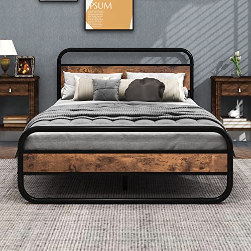 Albearing Metal Full Size Bed Frame with Wooden Headboard and Footboard, Heavy Duty Oval-Shaped Platform Bed with Under-Bed Storage, Steel Slats Mattress Foundation Round Pipe Design，Brown