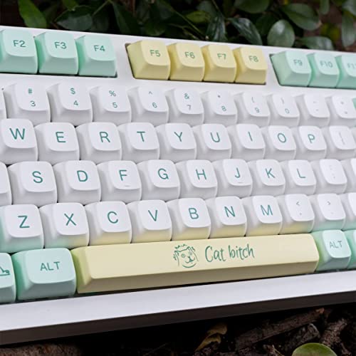 PBT Cat White Cyan Keycaps Set XDA Profile 130 Keys Custom Dye-Sub Cute Keyboard Keycaps for 60% 65% 70% 100% Cherry Gateron MX Switches Mechanical Keyboards