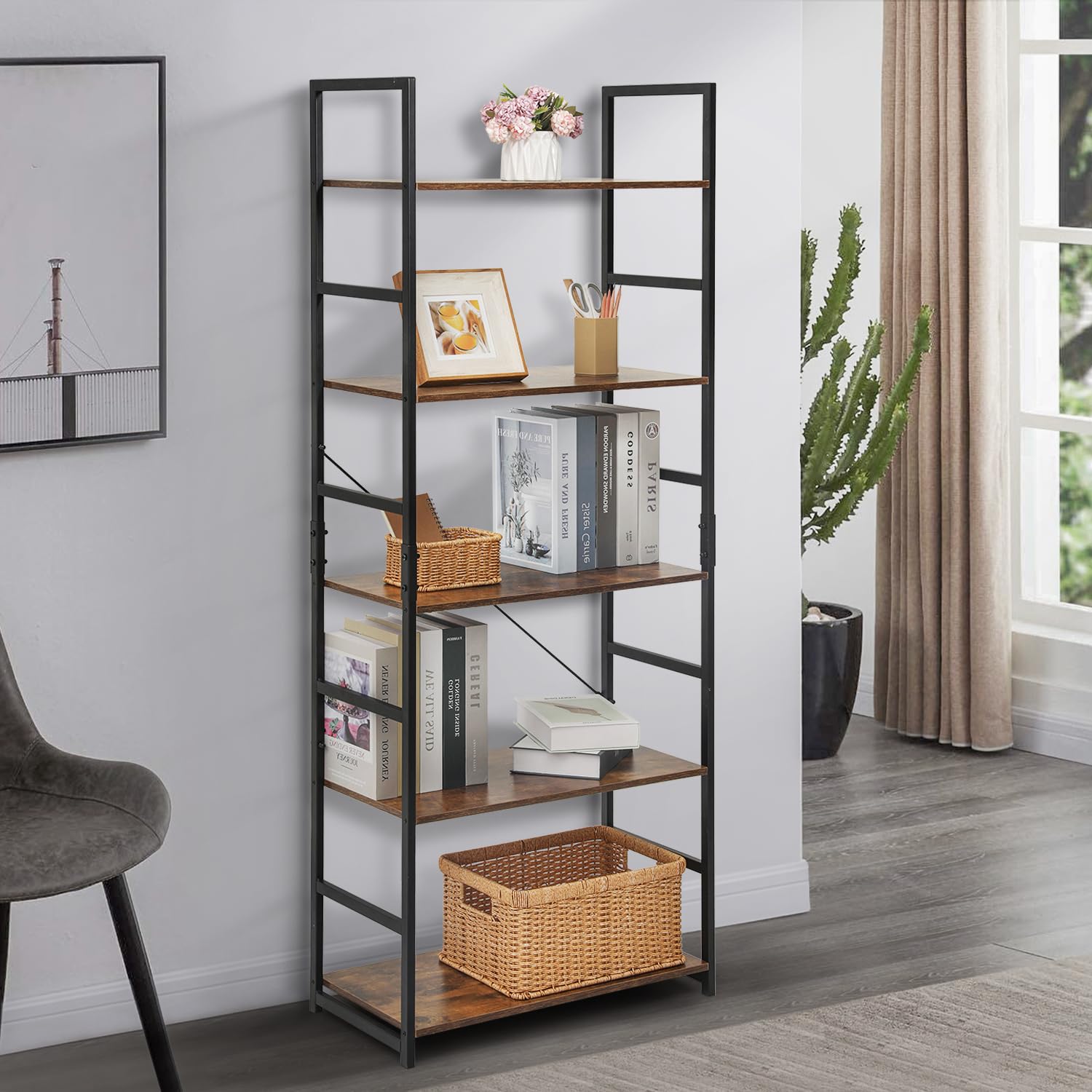 Magshion 6-Tier Bookshelf, Tall Bookcase Industrial Display Standing Shelf Units, Metal Storage Shelf for Bedroom Kitchen