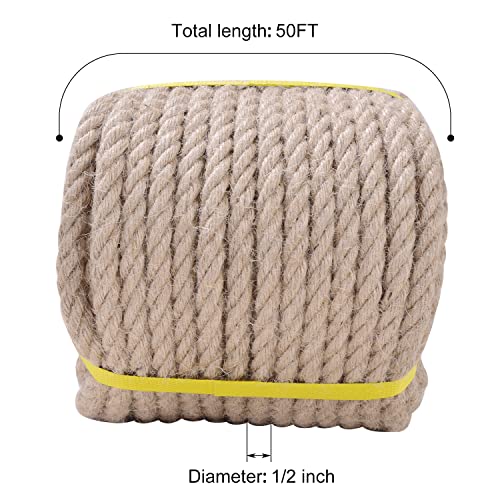 Jute Rope - Twisted Manila Rope Natural Thick Hemp Rope Multipurpose for Indoor and Outdoor Use, for Docks, Railings, DIY Projects, Home Decorating, Climbing (1/2 inch x 50 Feet)