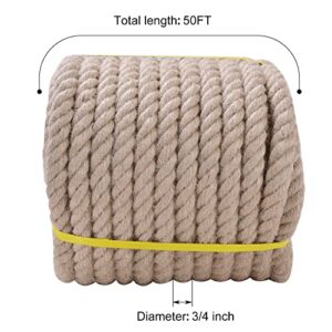 Jute Rope - Twisted Manila Rope Natural Thick Hemp Rope Multipurpose for Indoor and Outdoor Use, for Docks, Railings, DIY Projects, Home Decorating, Climbing (3/4 inch x 50 Feet)