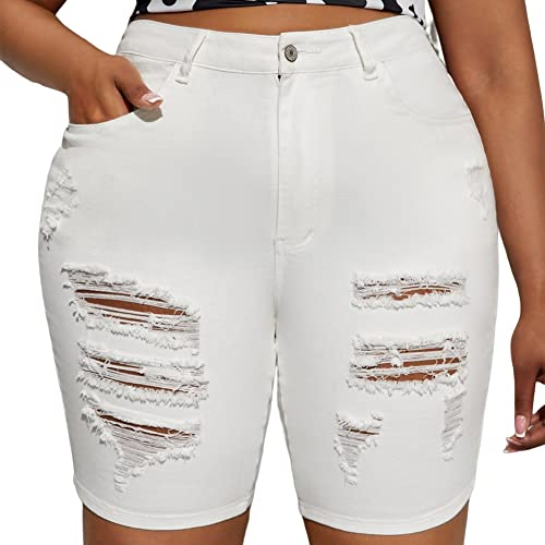 Women's Plus High Waist Ripped Frayed Denim Shorts Distressed Knee Length Shorts Girlfriend Shorts Jean (07 Ripped White, 2XL)