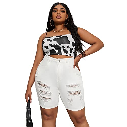 Women's Plus High Waist Ripped Frayed Denim Shorts Distressed Knee Length Shorts Girlfriend Shorts Jean (07 Ripped White, 2XL)