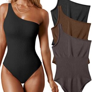 OQQ Women's 3 Piece Sexy Ribbed One Shoulder Sleeveless Exercise BodySuit, Black Coffee Tealeaf, Small